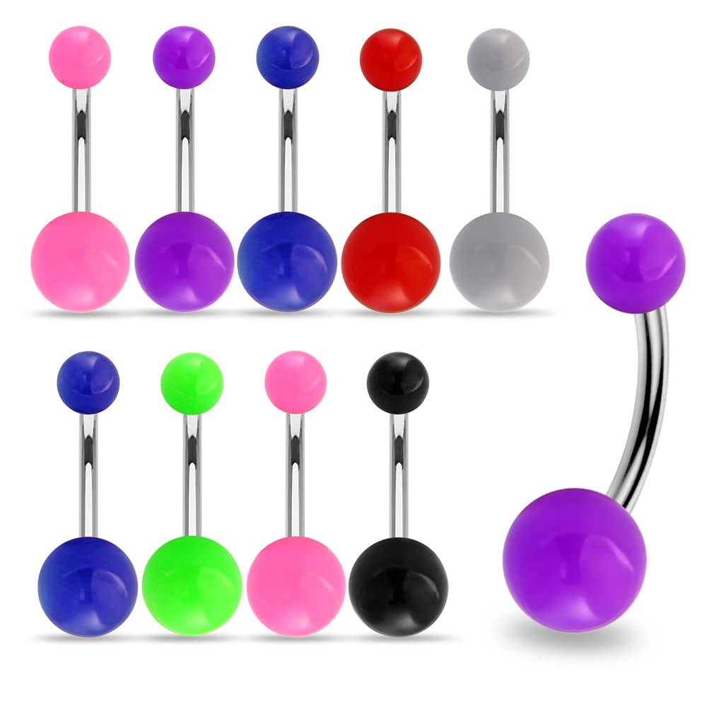 AtoZ Piercing 10 Pieces Pack of UV Solid Colored Ball with 14 Gauge - 10MM Length 316L Surgical Steel Banana Belly Button Rings