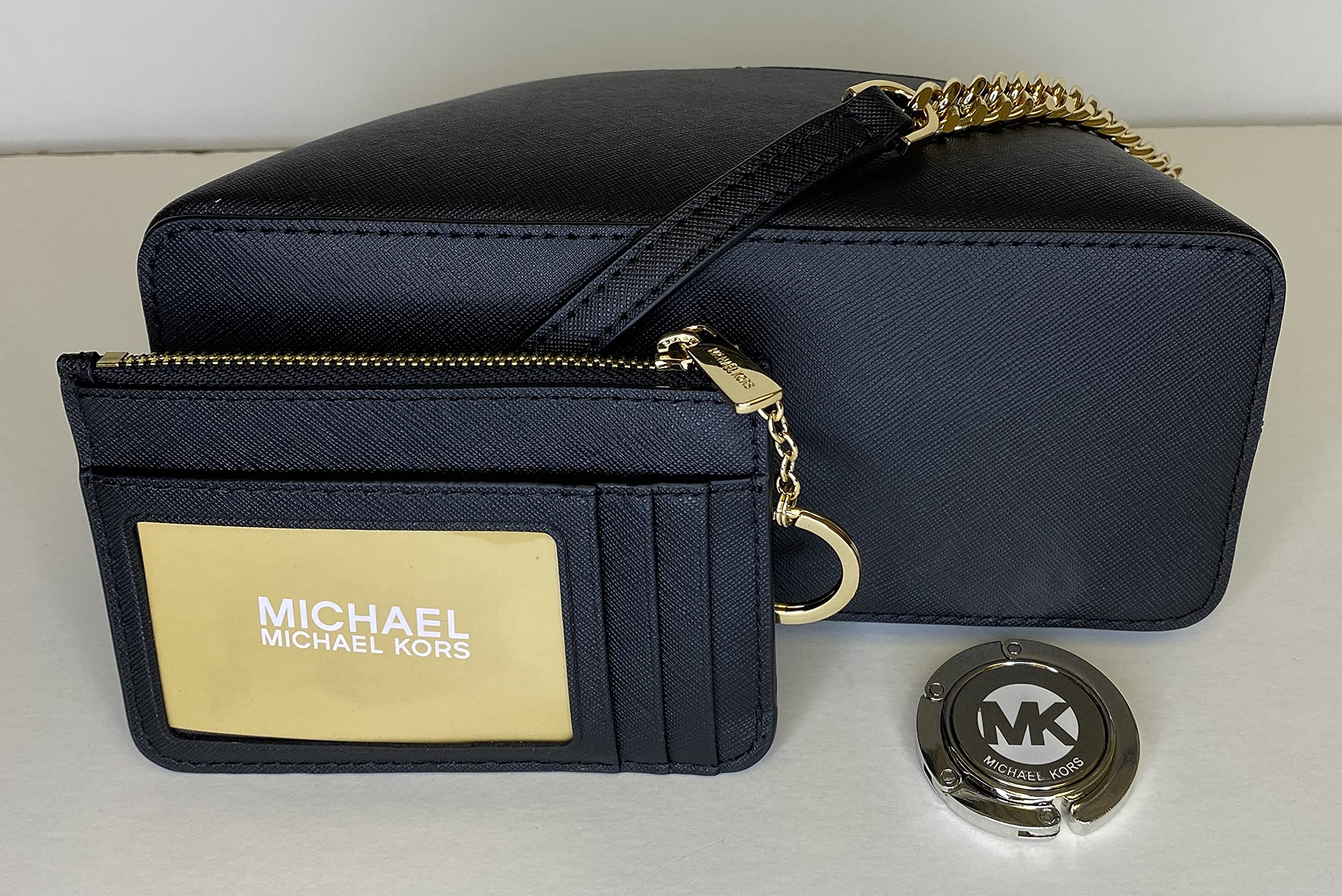 Michael Kors MICHAEL Michael Kors Jet Set Travel MD Dome XCross Crossbody bundled SM TZ Coinpouch Purse Hook (Black)