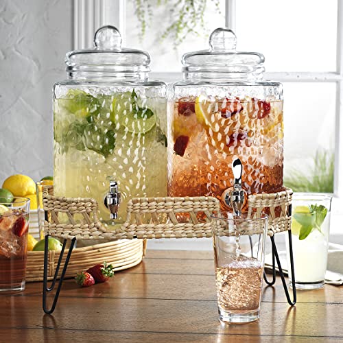 Double Ice Cold Clear Glass Hammered Beverage Drink Dispensers On Wicker Metal Stand 1.5 Gallon Each Mason Jug For Outdoor, Parties & Daily Use