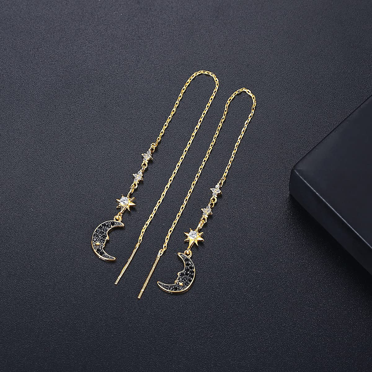 Black CZ Moon Threader Dangle Drop Earrings for Women Girls 14K Gold Plated Crystal Rhinestone Tiny Stars Ear Lines Tassel Chain Dangling Statement Earring Dainty Jewelry