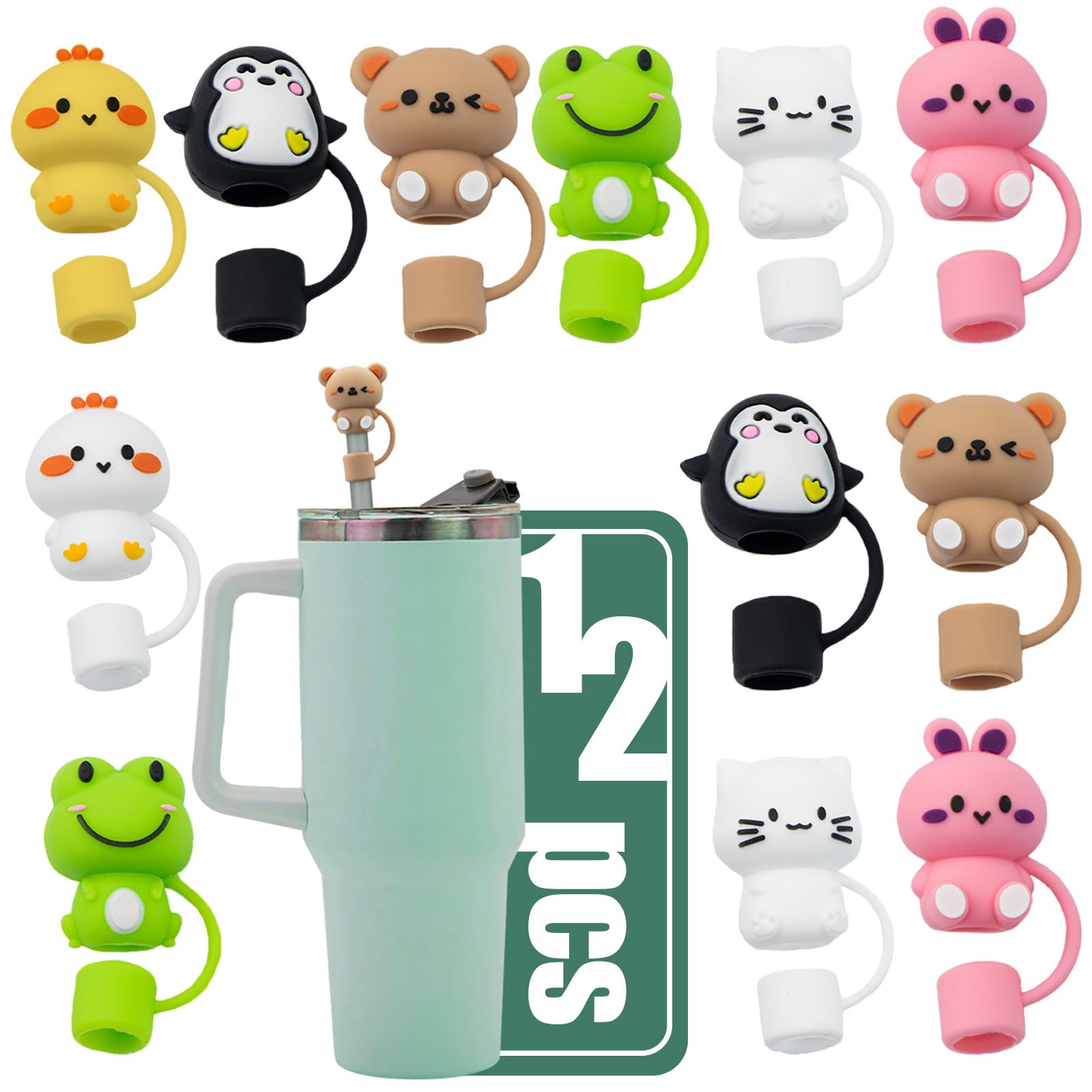 Cocurb Straw Cover Cap for Stanley Cup 12 PCS,Silicone Straw Topper Compatible with Stanley 30 to 40 Oz Tumbler,Soft Silicone Animal Shape Straw Lid for 10 mm Straws - Mother's Day Present