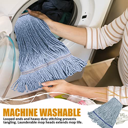 Buena Goods Heavy Duty Blue Commercial Mop Head Replacement. Looped End Synthetic Cotton Blend Mop Refill. Industrial Grade Reusable Washable Wet Mop Heads. Durable Wide Universal Headband. 3 Pack