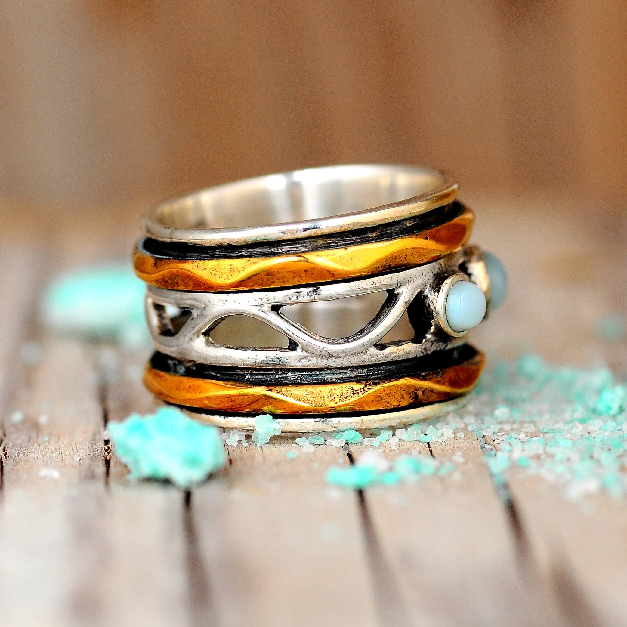 Boho-Magic 925 Sterling Silver Larimar Spinner Fidget Ring for Women with Brass Spinning Bands (11)