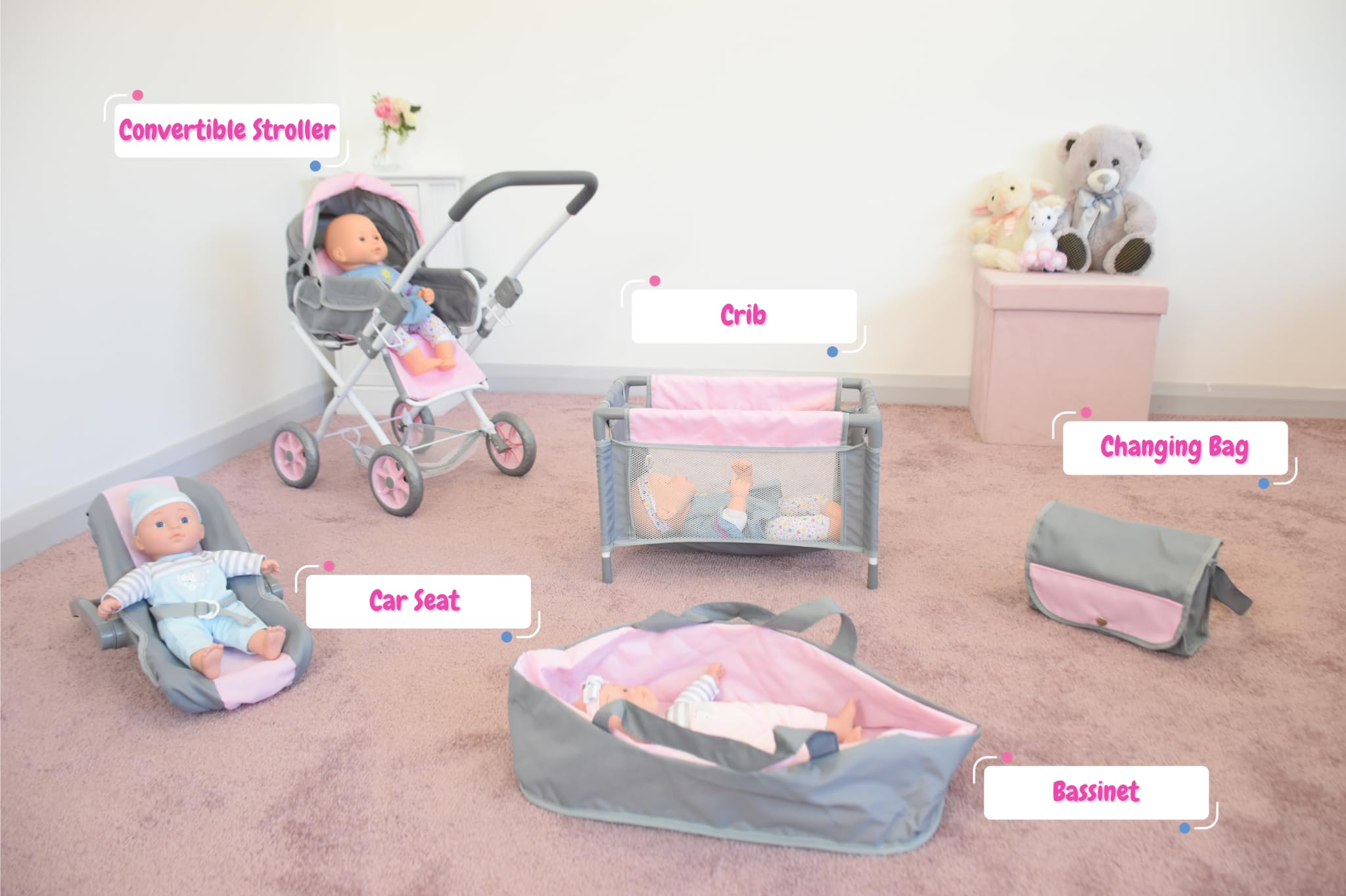 KOOKAMUNGA KIDS 5 Pc Baby Doll Stroller Set - Baby Doll Accessories - Baby Doll Playset w/ Doll Crib Stroller Car Seat - Playpen - Carry Cot - Diaper Bag - Ages 3+ - Deluxe Grey / Pink