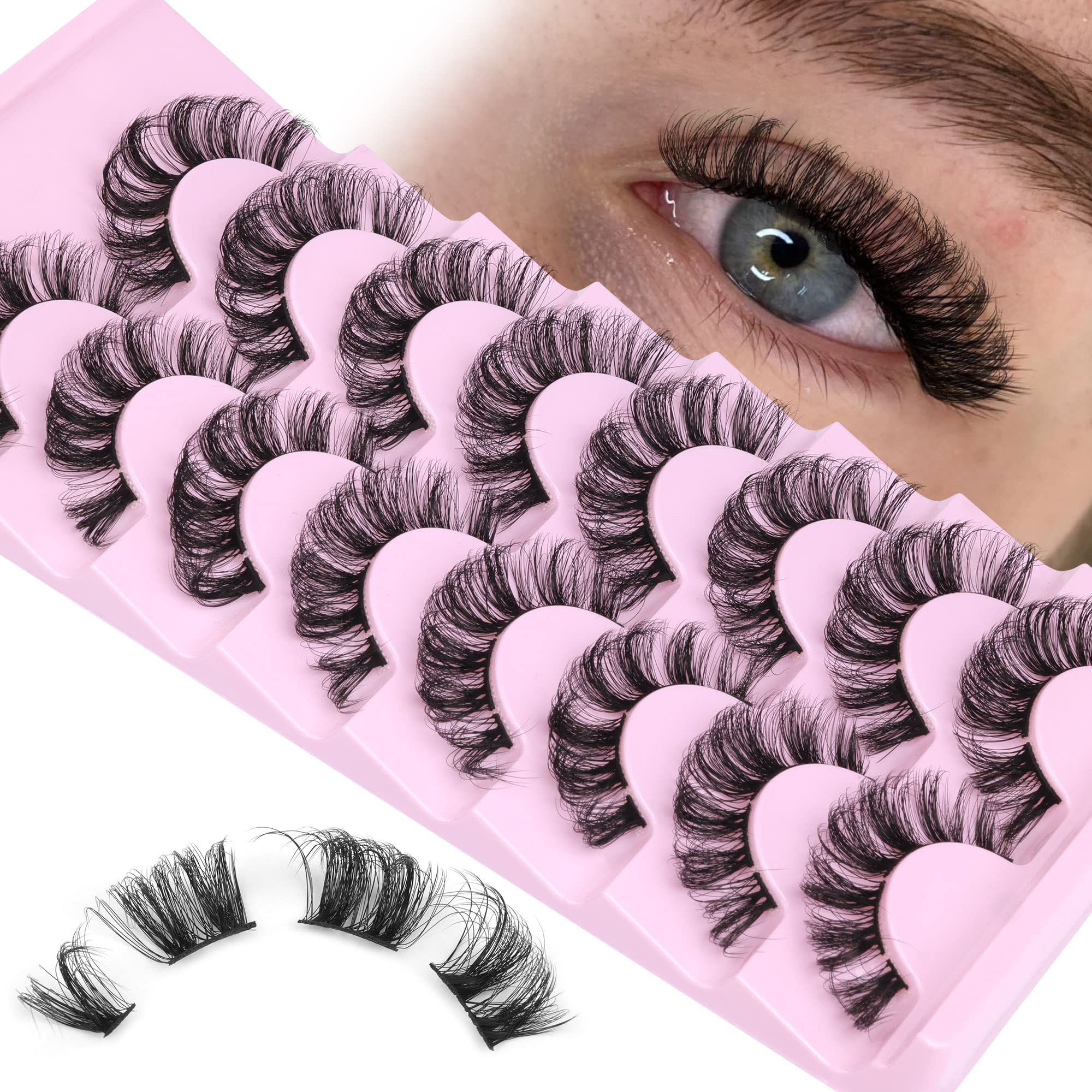 Cluster Mink Lashes Natural Look Fluffy D Curl Strip Eyelashes Extension Russian Eye Lashes Individual Wispy 5D Volume False Eyelashes 8 Pairs DIY Fake Eyelashes ALICROWN