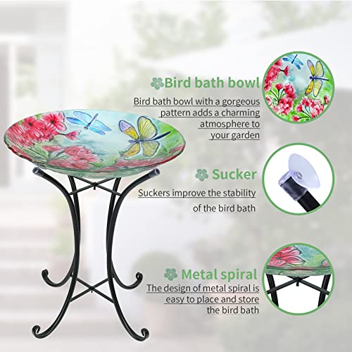 Glass Bird Baths for Outdoors, Outside Birdbaths Garden Bird Feeder with Metal Stand for Garden Patio Lawn Yard Decor 17.7" Dia 20.8β Height Dragonfly
