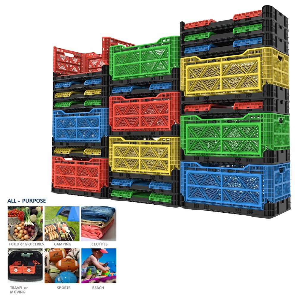Bigant Heavy Duty Collapsible & Stackable Plastic Milk Crate - Snap Lock Foldable Industrial Garage Storage Bin Container Utility Tote Basket (Blue, 1 Large Crate)