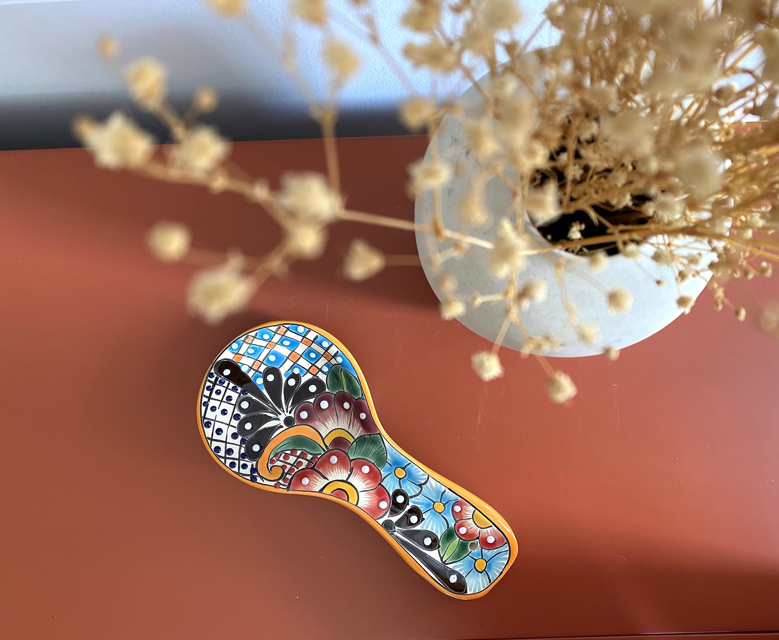 Colorful Ceramic Spoon Rest β Hand-Painted Large Talavera Kitchen Utensil Holder for Counter & Stove Top in Gift Box - Dishwasher Safe Lead Free Cooking Ladle Dish Mexican Style Cuchara Multicolor