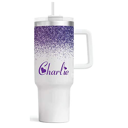 Personalized 40oz Tumbler With Handle and straw | Stainless Steel Insulated Tumbler | Travel Cup | Double Wall Coffee Cup for Hot and Cold Drinks | Teal Glitter Effect with Name