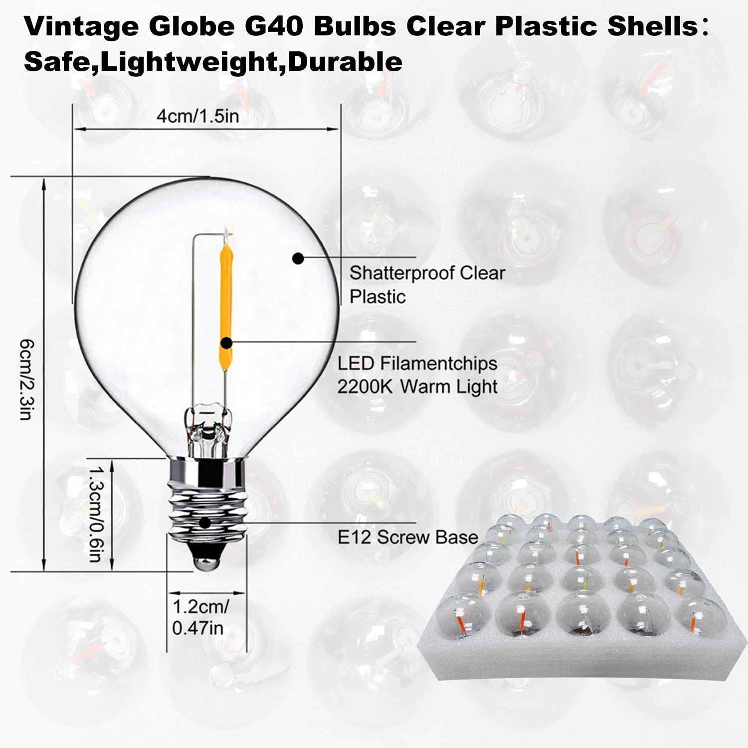 VTpower 50FT Outdoor String LED Lights G40 Shatterproof 0.6W Clear Globe Bulb E12 Base Hanging Lights with (2 Spare),Connectable for Indoor/Outside Garden Backyard Patio 50 Lamp Multicolor…