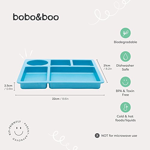 bobo&boo Bamboo Kids Divided Bento Plate, Sectioned Toddler Plate, Childrenās Compartment Plates, 5 Portioned Sections, Mix and Match, Dolphin Blue