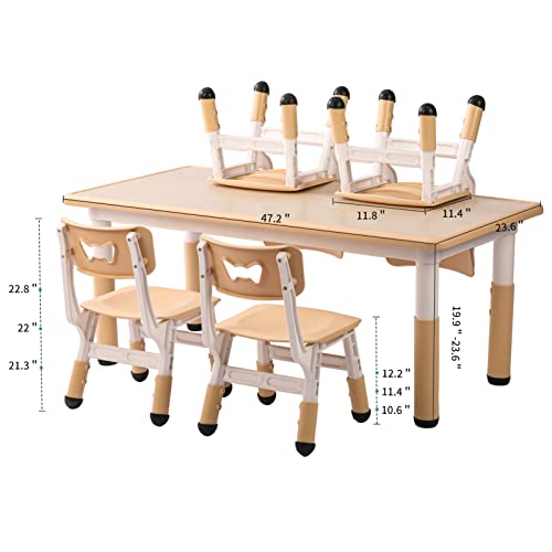 JIAOQIU Kids Table and Chair Set Height Adjustable Toddler Table and 4 Chairs Set Kid Activity Art Table Plastic Children Study Table for School Home Graffiti Table for Ages 2-12 Wood Grain Burlywood