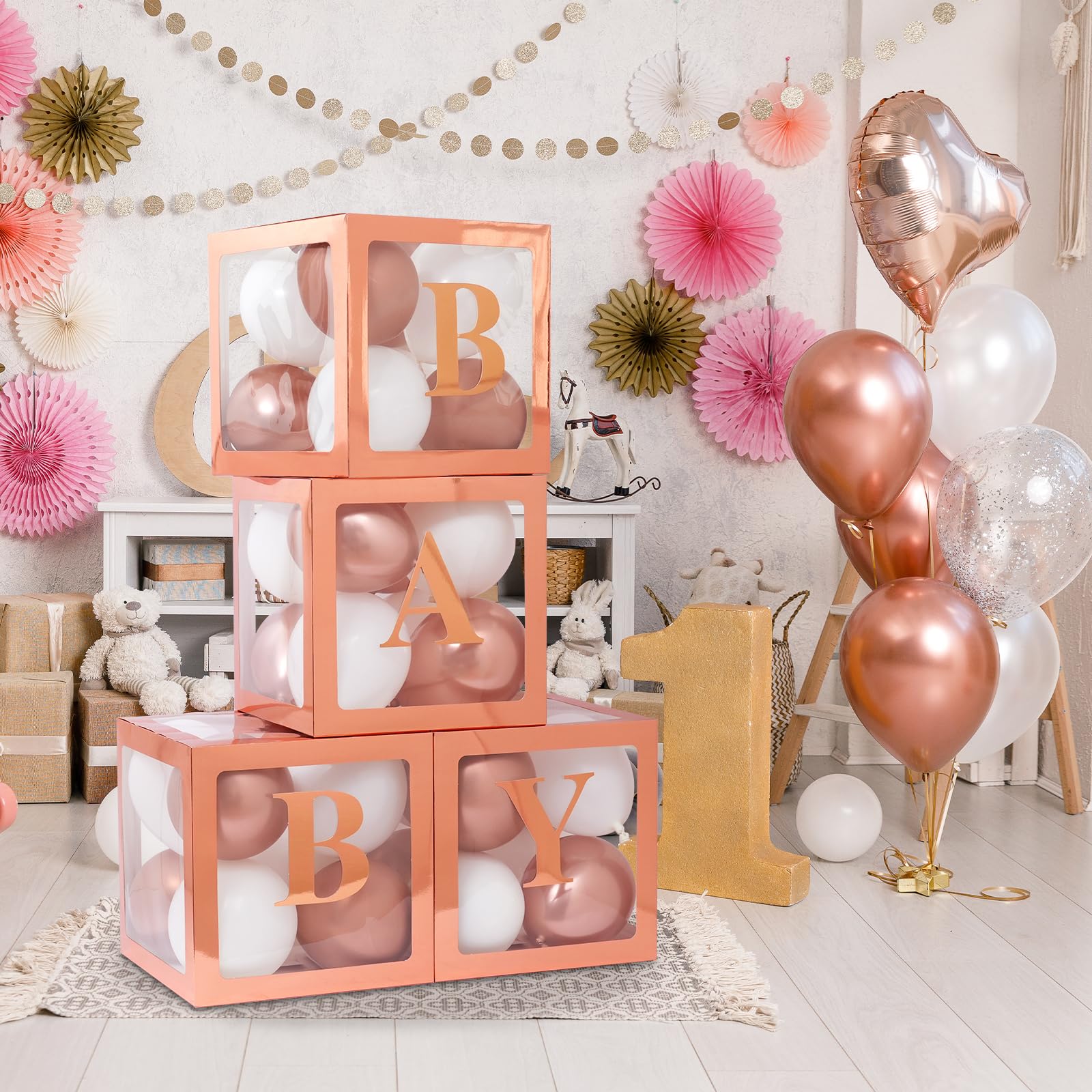 RUBFAC Baby Boxes with Letters for Baby Shower Silver Clear Block Box Transparent Balloon Boxes Birthday Party Decoration Gender Reveal Gift Box