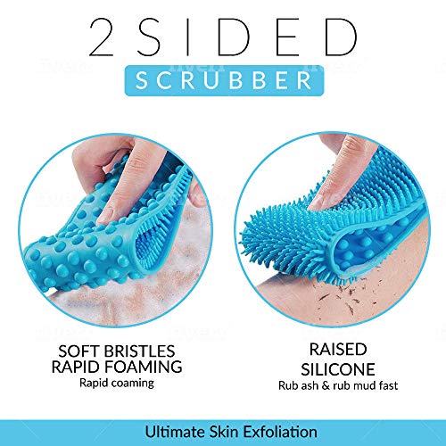 Exfoliating Back Scrubber, Silicone Body & Back Scrubbing Brush for Acne Sweat Blackheads, Double Sided Cleaning Shower Strap, Silicone Scrubber Belt for Bath & Shower, Extra Long Length 30” (Blue)