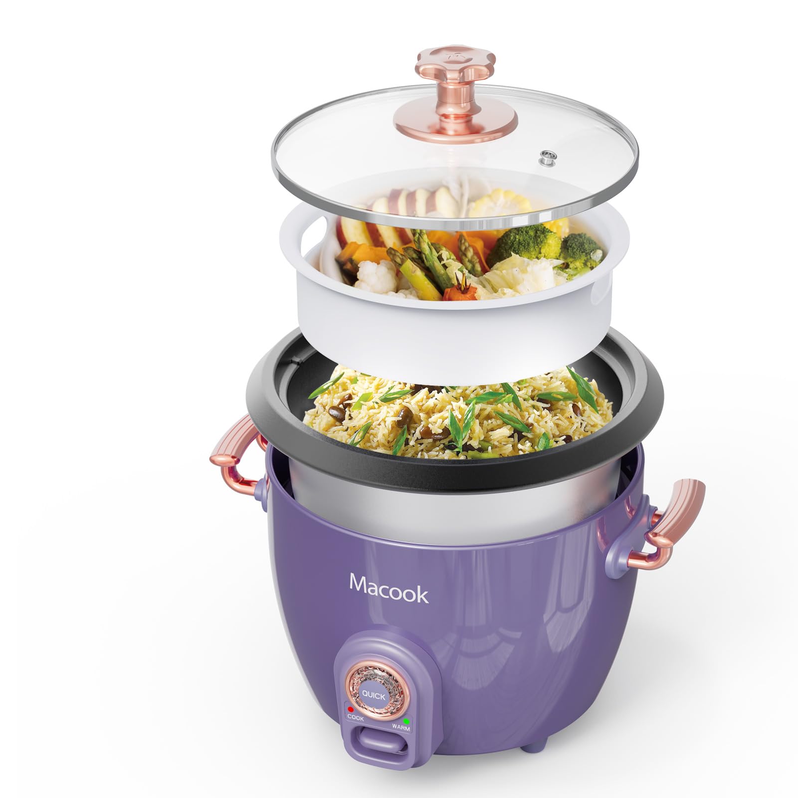 Macook Rice Cooker Small with Food Steamer, Rice Cooker 4 Cups Uncooked (8 Cups Cooked), 2.0L Portable Non-Stick Small Travel Rice Cooker, Two Cooking Mode Setting, Slow Cook Mode