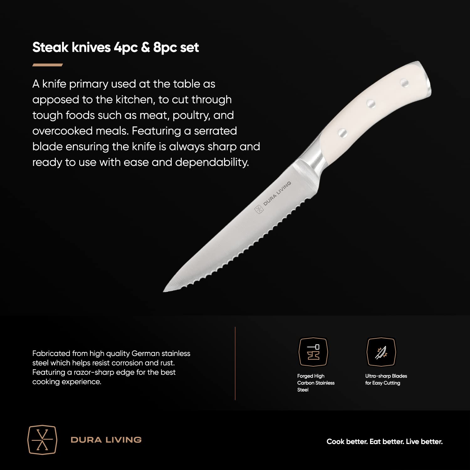 DURA LIVING 4-Piece Serrated Kitchen Steak Knife Set β Forged High Carbon Stainless Steel, Ultra Sharp, Ergonomic Black Handles, Durable Dinner Knives, Cream Handle