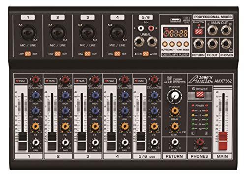 Audio2000'S AMX7362 Six-Channel Audio Mixer with USB 5V Power Supply, USB Interface, and Sound Effect