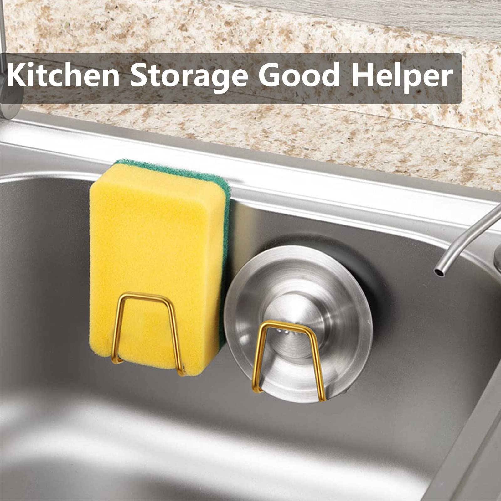 Blueden 2Pcs Adhesive Sponge Holder for Kitchen Sink Essentials,Stainless Steel Dish Sponge Holder for Sink Soap Sponge Holder,Rustproof and Waterproof, Quick Drying, Minimal Size Save Sink Space,Gold