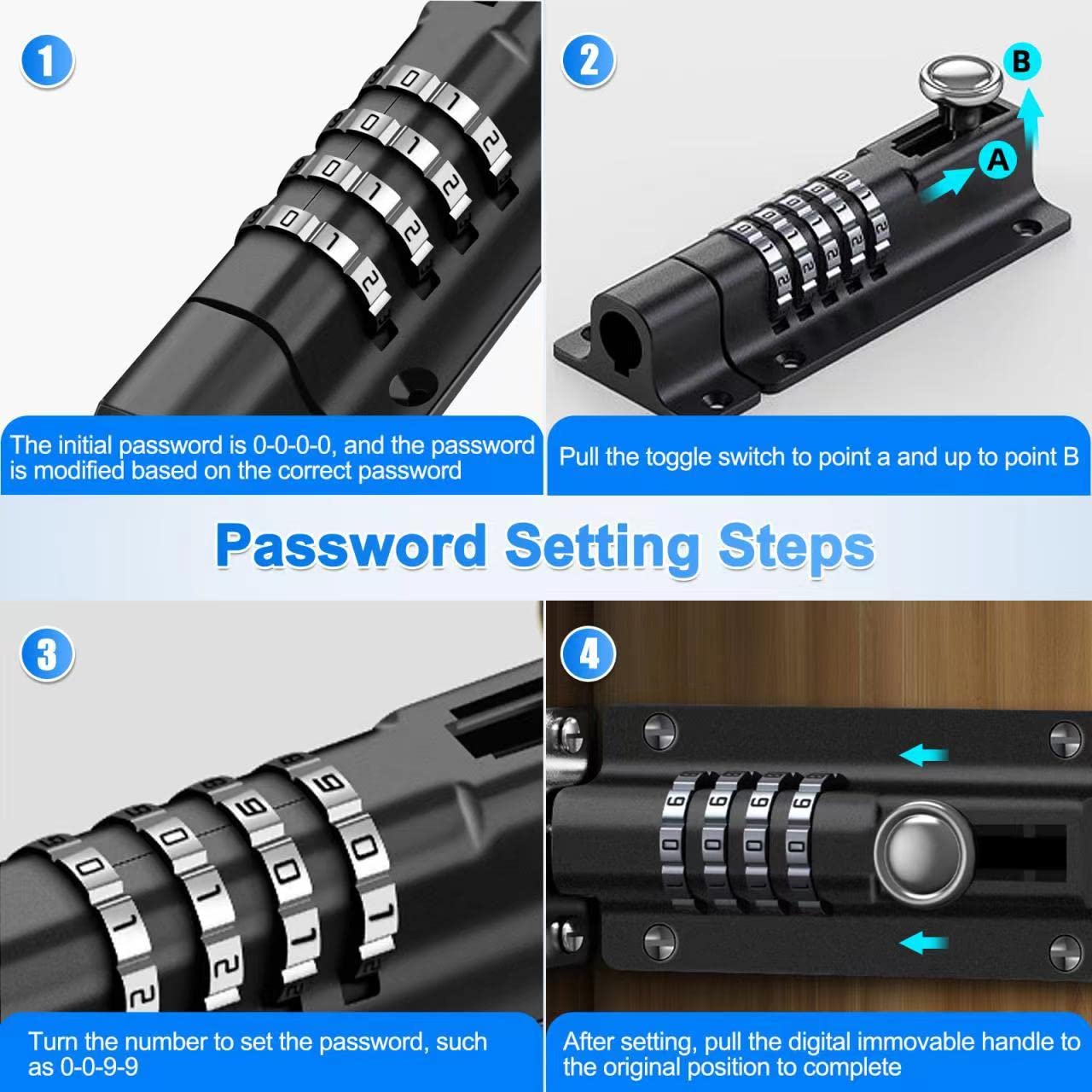 Combi Bolt Door Lock Sliding Combination Bolt Latch Keyless Combination Bolt, Weatherproof 4 Digit High Security Gate Lock for Sheds Cupboards Fences Garages