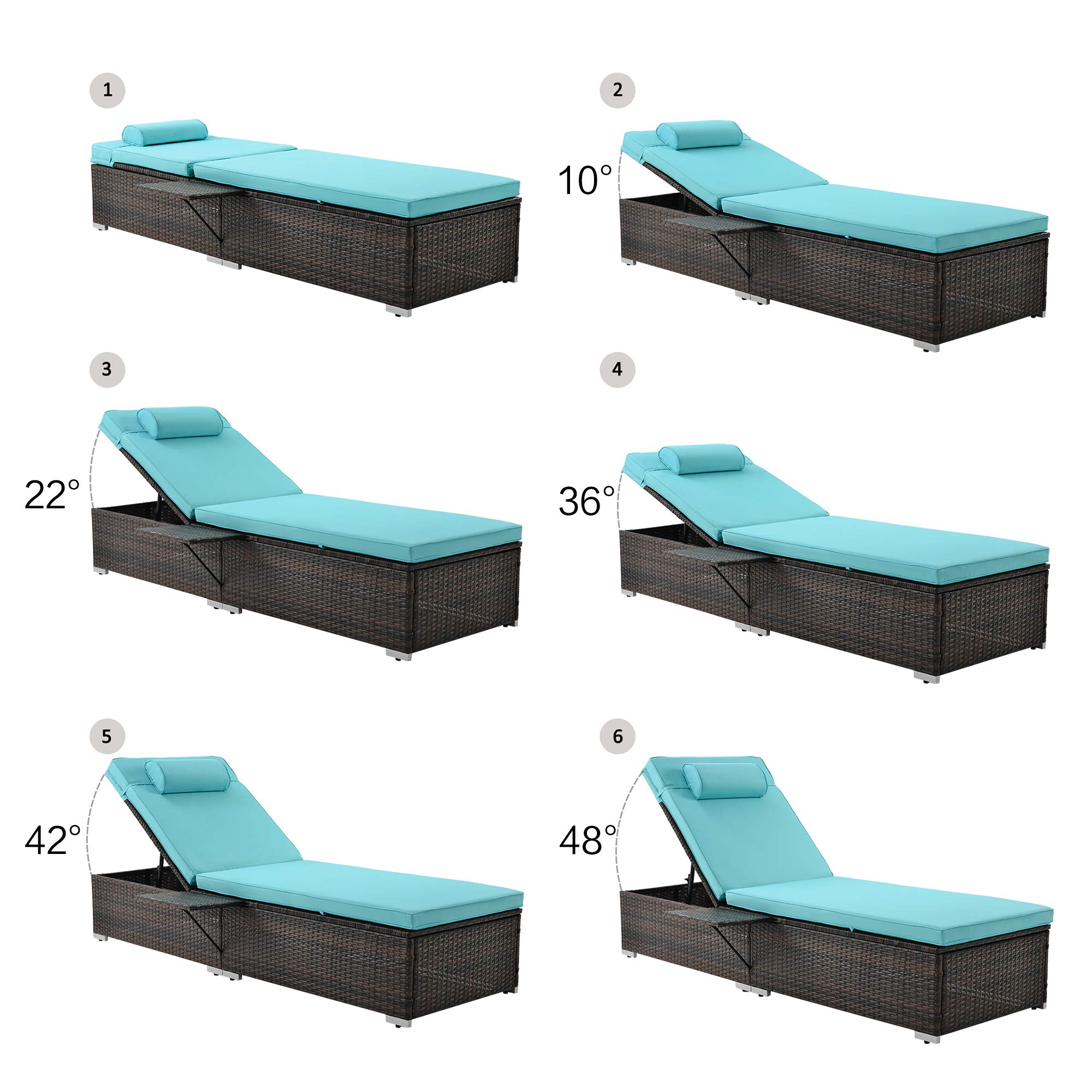 BIADNBZ 2-Piece Outdoor Patio Recliner Chairs for 2,Dual-Use PE Wicker Chaise Lounge Set with Side Table Adjustable Backrest,Cushions and Head Pillows for Courtyard, Swimming Pool, Balcony, Blue