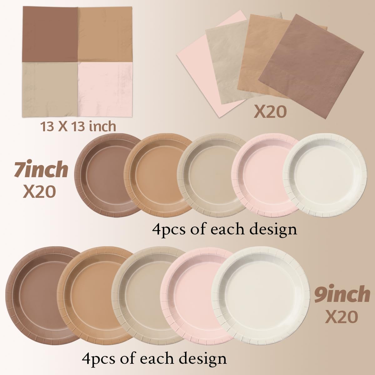 CMUSKO Boho Baby Shower Decorations-60Pcs Gradient Brown Plates and Napkins Kit Neutral Boho Party Supplies for Bridal Shower,Wedding, Birthday