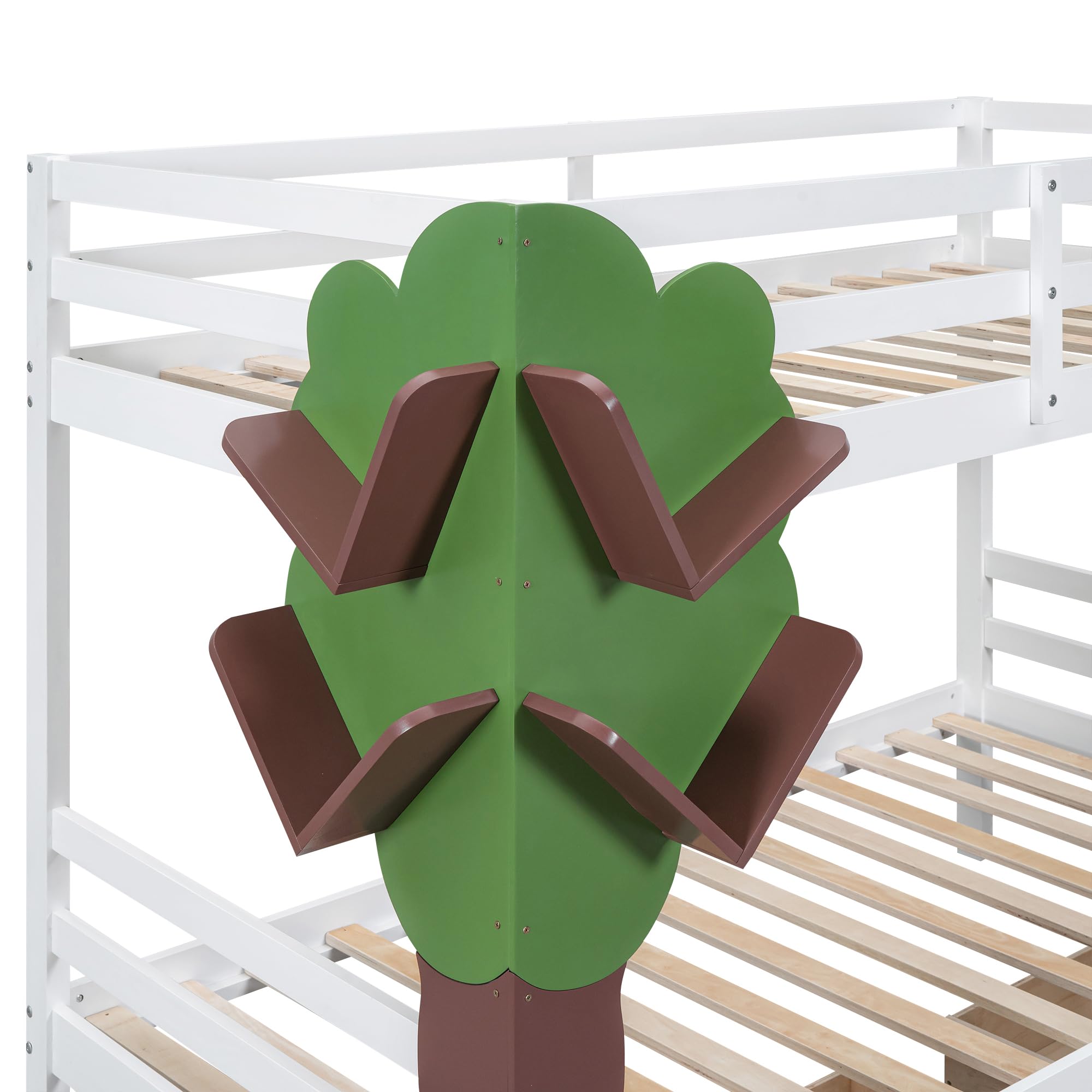 BIADNBZ Bunk Bed, Twin Over Twin Size Beds with Two Storage Drawers and a Tree Decor, Wood Low Bunkbed Frame for Kids Boys Girls Bedroom, White