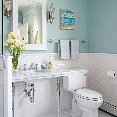 Seashells Bathroom Rules Wall Sign for Bathroom Decor, Funny Bathroom Wall Decor Wall Art For Beach House, Cute Beach Sign Plaque- 12 x 12 Inchs
