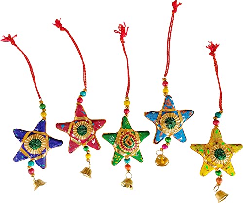 FIKIMOS Star Bell and Half Moon Hanging Set of 5 Home Christmas Hanging Party Decorative Ornaments Multi Colored Indian Traditional (Multi 5 Star)