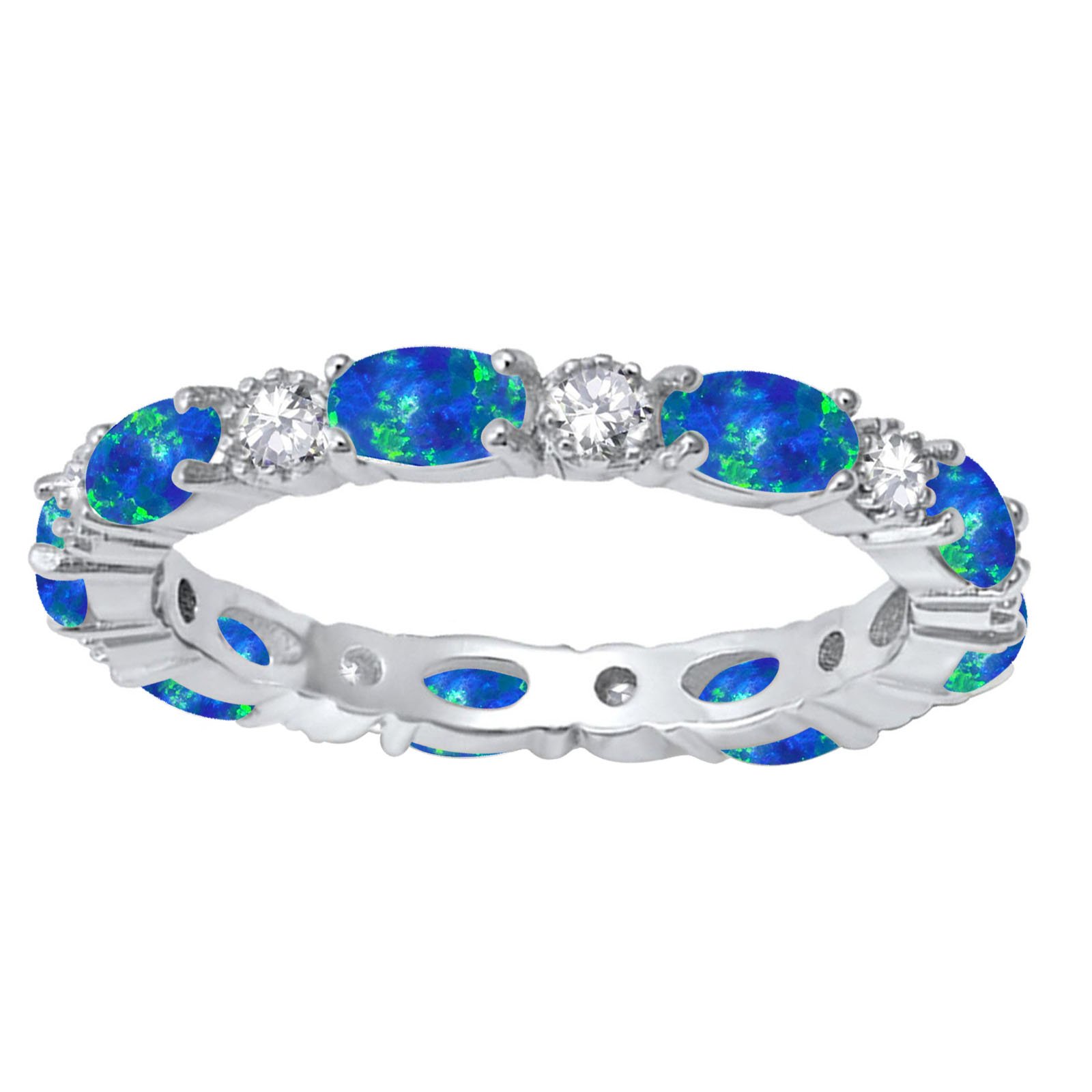 Bijoux Central Oval Simulated Blue Fire Opal Eternity Stackable and Round Clear CZ Genuine Sterling Silver Ring