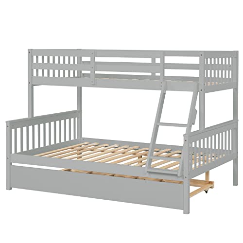 BIADNBZ Solid Wood Bunk Bed with Trundle Twin Over Full Size, Convertible 2 Bedframe with Ladder&Safety Rails, for Kids/Teens/Adults, No Box Spring Needed, Grey