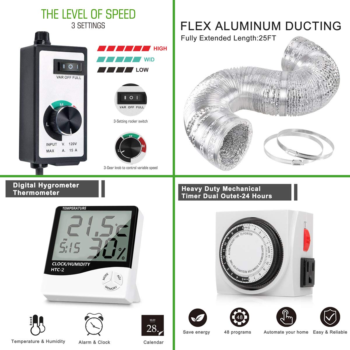 BloomGrow 4'' Inline Fan Carbon Filter Ducting Combo + Fan Speed Controller + 24 Hour Timer Outlet+Thermometer Ventilation System for Grow Tent Kit (4'')