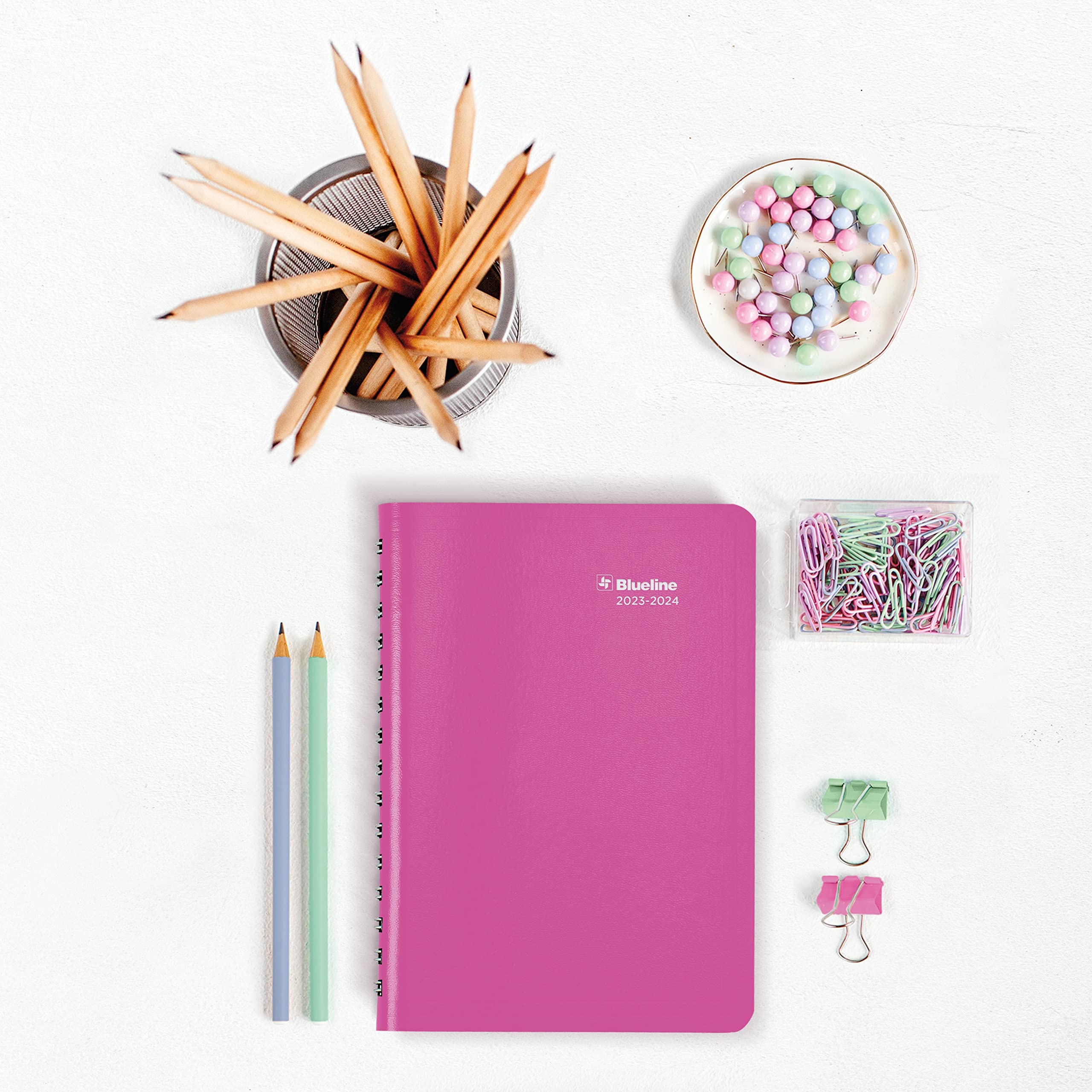 Blueline Essential Academic Weekly/Monthly Planner, 13 Months, July 2023 to July 2024, Twin-Wire Binding, Soft Vicuana Cover, 8" x 5", Bubble Gum Pink (CA101F.01-24)