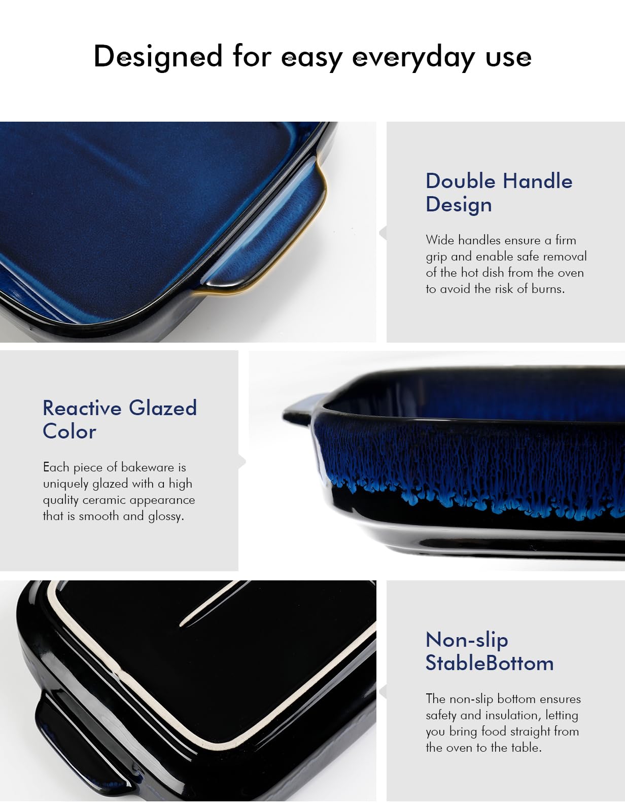 Ceramic Baking Dish - 8x8 Deep Square Baking Pan, Lasagna Pan with Double Handles, Non-Stick Casserole Pan for Oven, Brownie, Lasagna, Roasting - Home Gift (Reactive Glaze Blue)