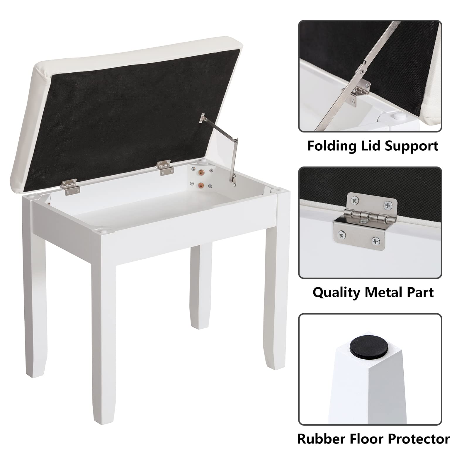 Iwell Piano Bench with Padded Cushion and Storage Compartment for Music Books, Keyboard Bench, Vanity Stool Chair with Solid Wood Leg, 20.5" L x 12.6" W x 19.7" H, White