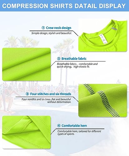 Fluorescent Green Compression Shirts Mens Long Sleeve Running Gym Top Shirts Lightweight Sports Baselayer Undershirt