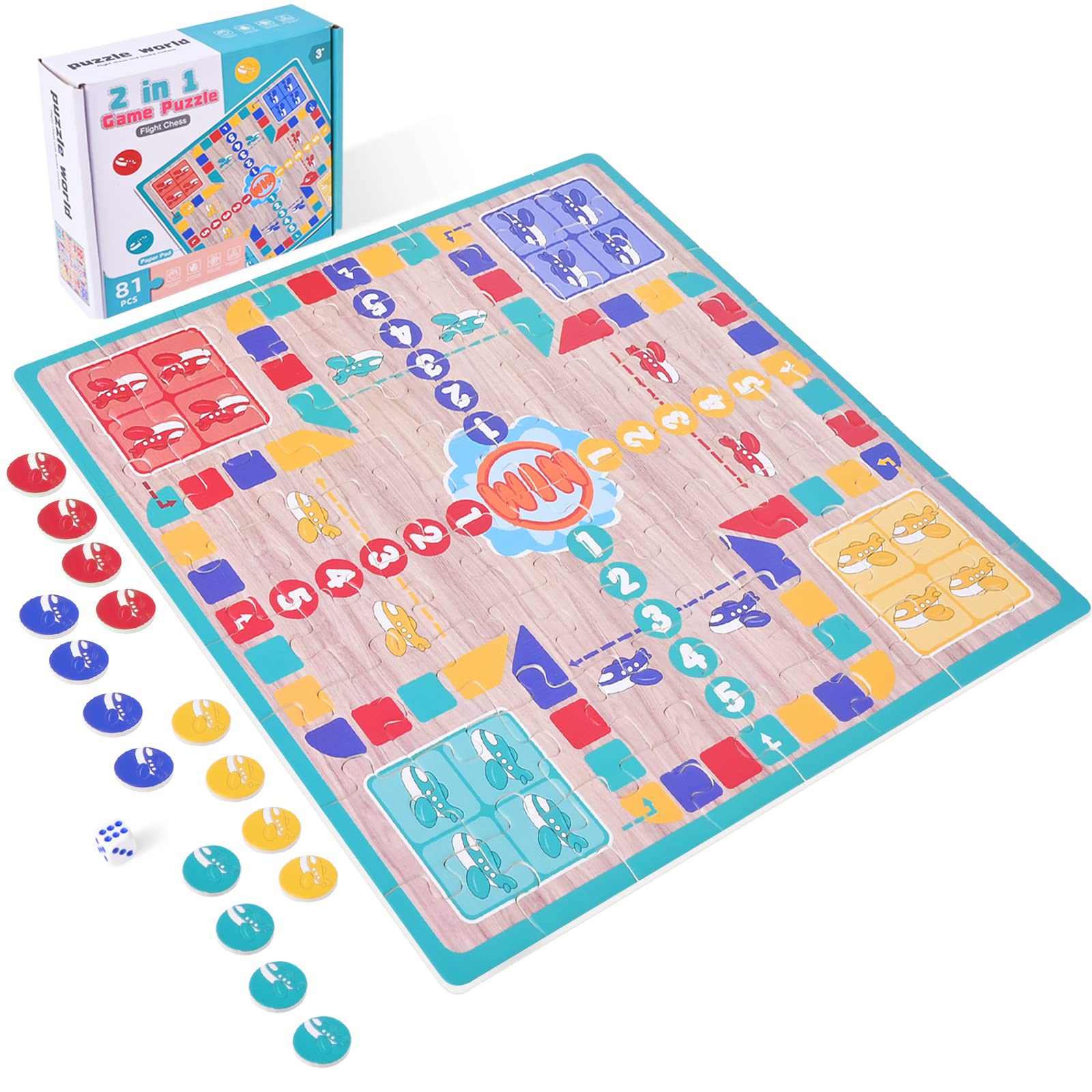 Buluwans Ludo Board Game and Jigsaw Puzzles 2 in 1 for Kids Adults Seniors Teens 81 Pieces Flight Chess Building Block