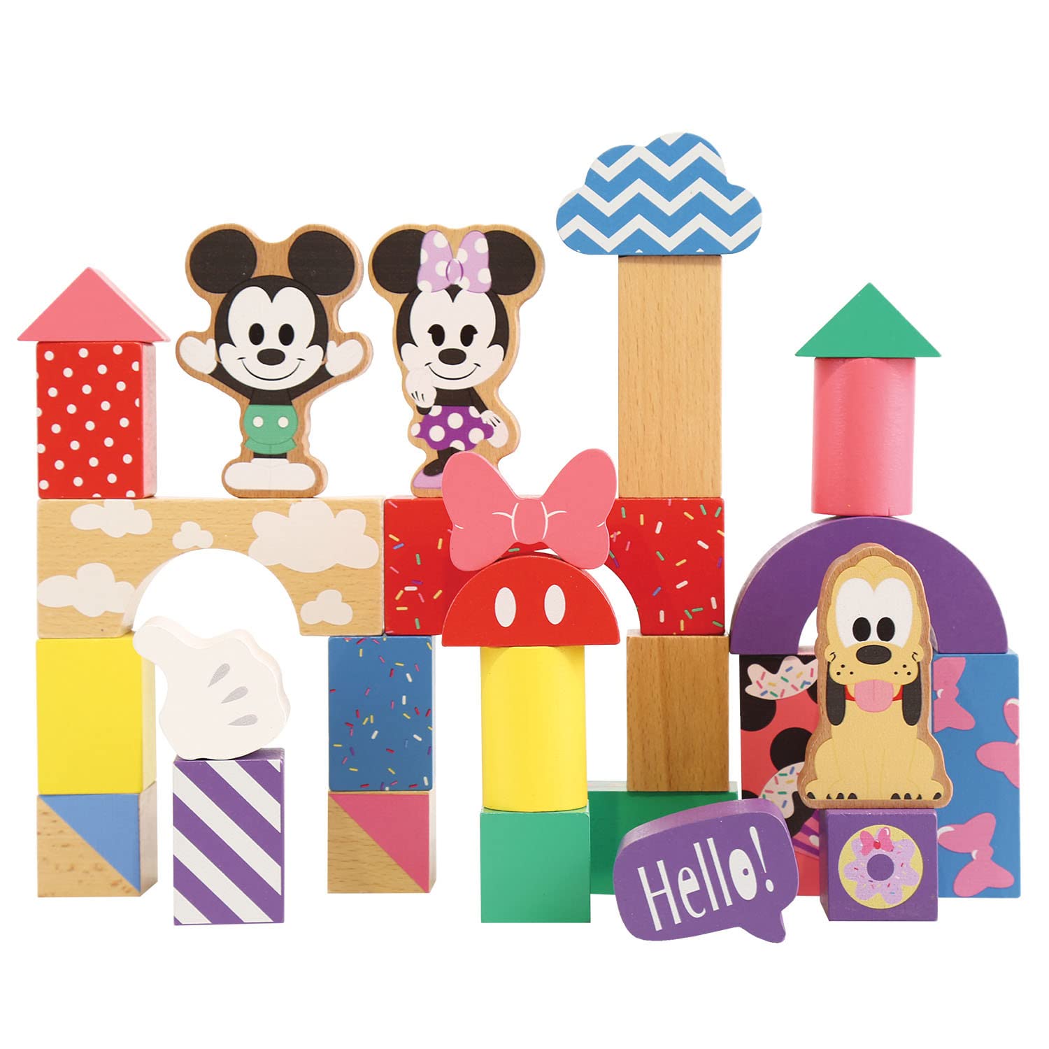 Just Play Disney Wooden Toys Mickey Mouse & Friends Block Set, 28-Piece Set Includes Mickey Mouse, Minnie Mouse, and Pluto, Kids Toys for Ages 18 Month