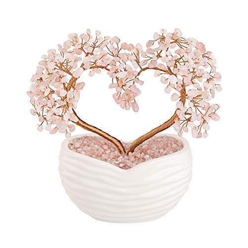 Jovivi Rose Quartz Crystal Heart Money Tree Healing Gemstone Bonsai Ornament for Wedding Ceremony Reiki Balancing Energy Meditation Feng Shui Wealth & Good Luck Home Indoor Office Decor 7.87"-8.26"