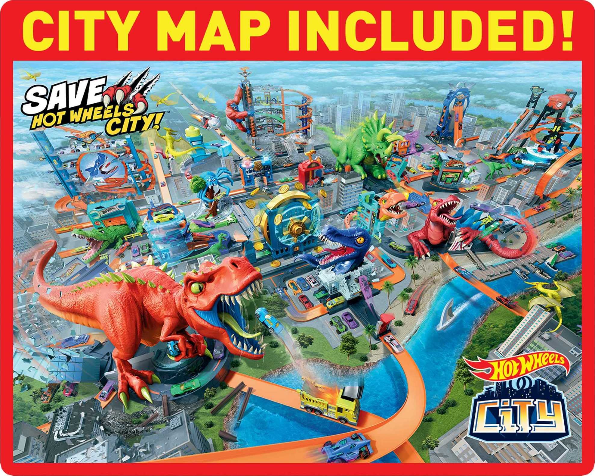 Hot Wheels Toy Car Track Set, T-Rex Rampage Playset & 1:64 Scale Vehicle, Launch into the Giant Dinosaur