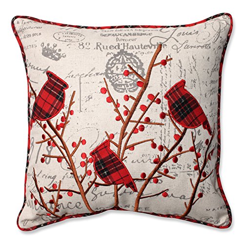 Pillow Perfect - 552989 Holiday Embroidered Cardinals Throw Pillow, 16.5" x 16.5", Red/Grey
