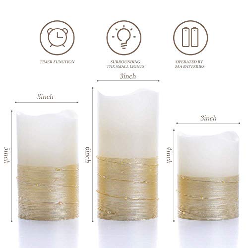 BeMoment Flickering Flameless Candles with Timer - Battery Operated, White LED String Lights, Gold Accent, Ideal for Home Decor, Fireplace, and Events, 3pcs (D 3" x H 4" 5" 6")