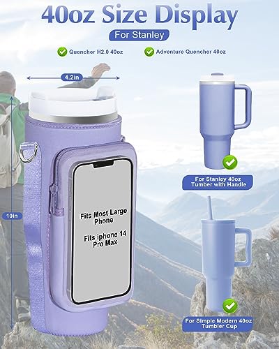 OriJoy Water Bottle Carrier Holder Pouch with Phone Pocket for Stanley Quencher H2.0 & Adventure 40 oz Tumbler, Protector Sleeve with Strap