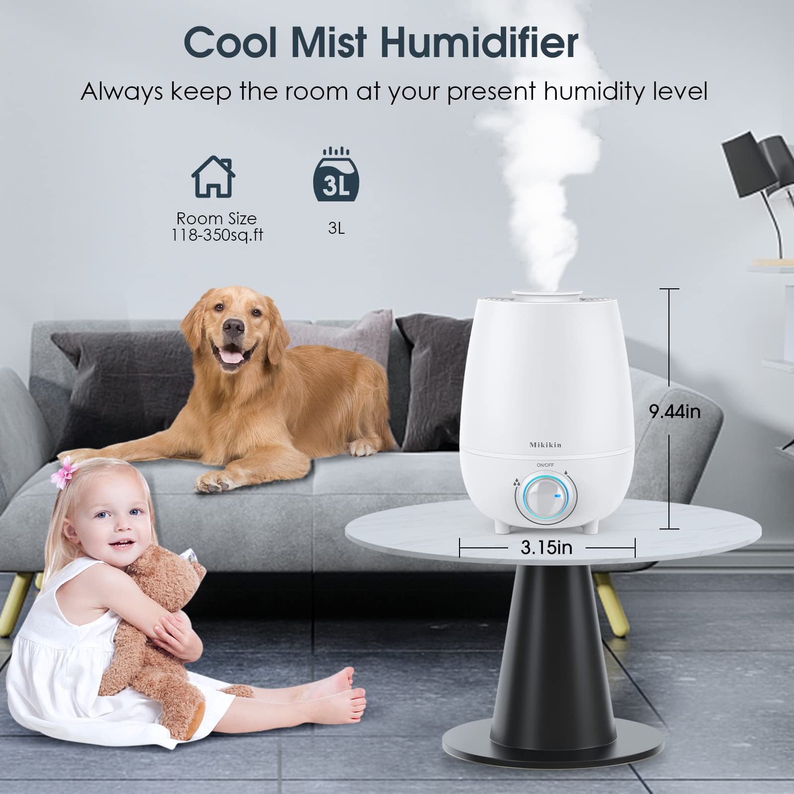 Mikikin Cool Mist Humidifiers, Ultrasonic Air Humidifier for Bedroom, Baby, Nursery, Home, Quiet, 3L Top Fill Humidifier with 360° Rotatable Nozzle, Essential Oils Tray, Auto Shut-Off, Easy to Clean
