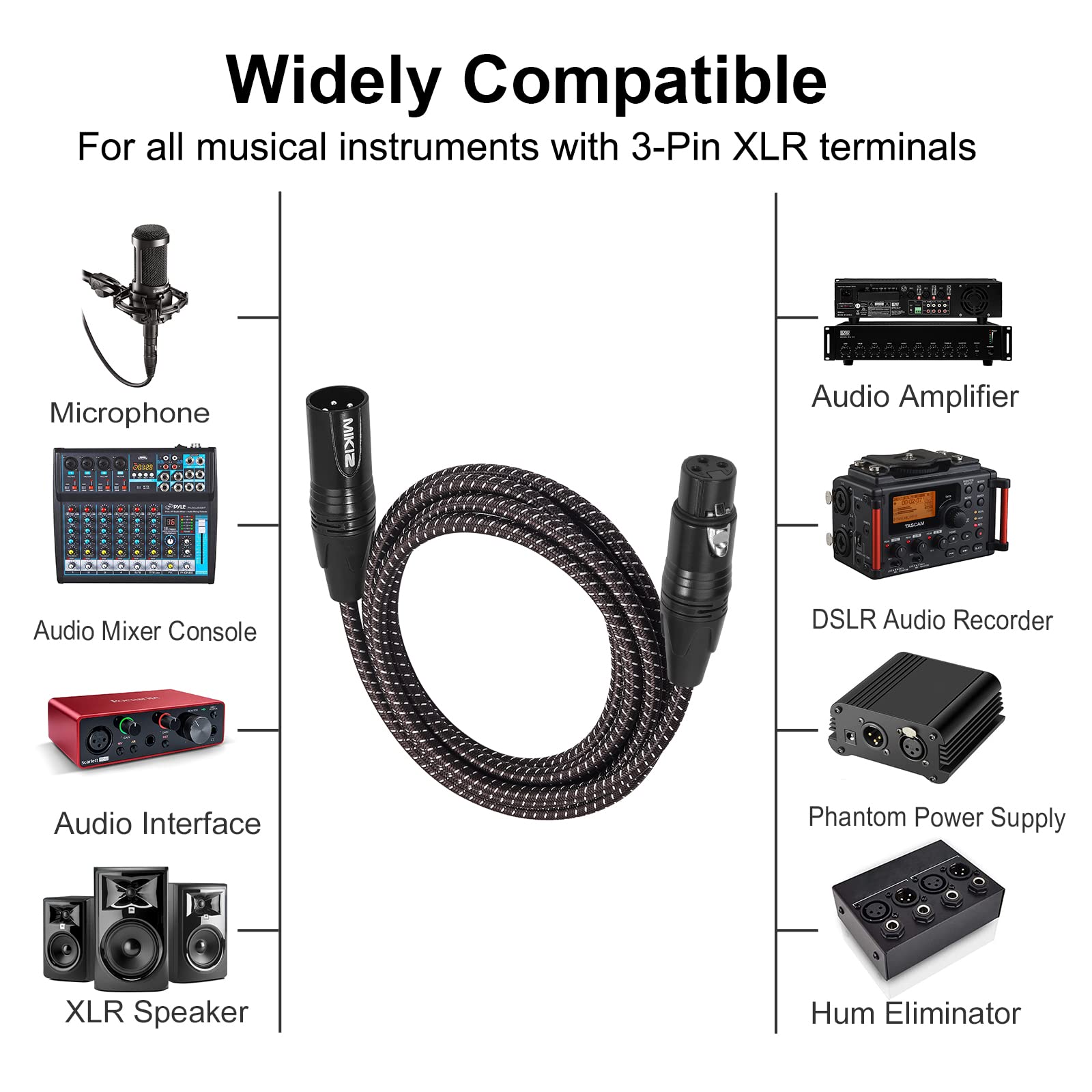 MIKIZ 6ft XLR Cables Braided 10 Packs Premium XLR Microphone Cable Male to Female Patch Cable 6 Feet