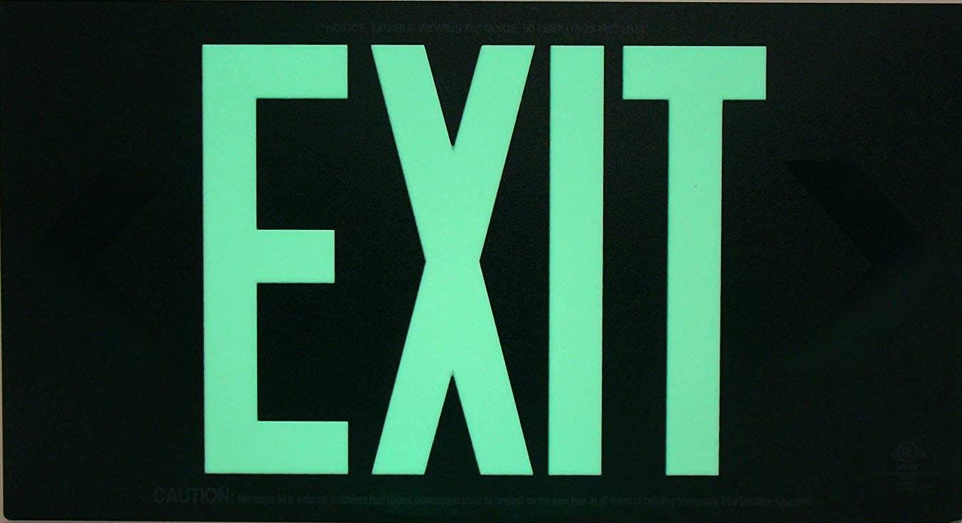 EXIT Sign PhotoLuminescent Non-Electrical Glow in the Dark Emergency Aluminum UL Listed. Industrial Grade Green Sign 50 Feet 10 Year Warranty