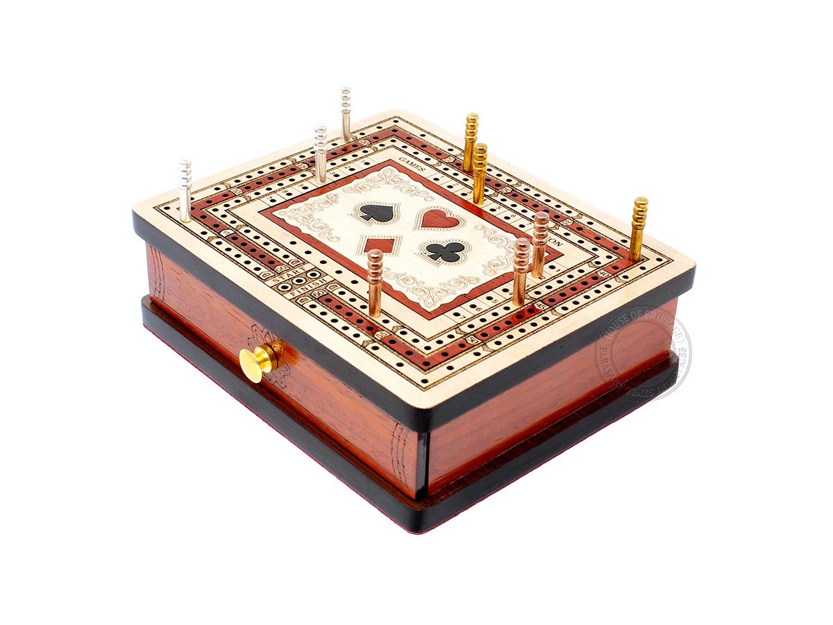 House of Cribbage - 3 Track - 60 Points Non-Continuous Travel Cribbage Board Inlaid in Maple Wood/Bloodwood - Size:6" x 5" - Storage Drawer for Cribbage Pegs & Playing Cards