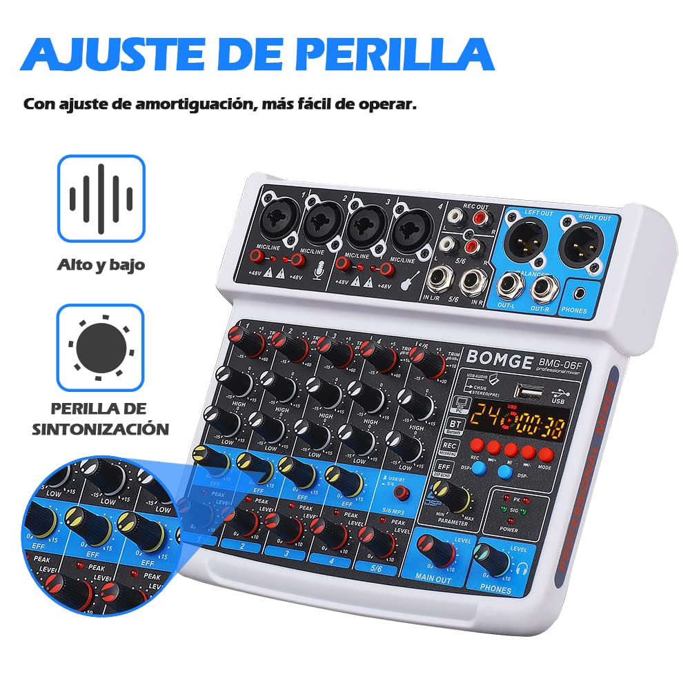 BOMGE 6 Channel mini DJ Audio sound mixer console with USB interface, Bluetooth, Stereo Recording, 48V Phantom Power, 24 DSP effects for karaoke, singing, live,streaming,pc recroding. (white)