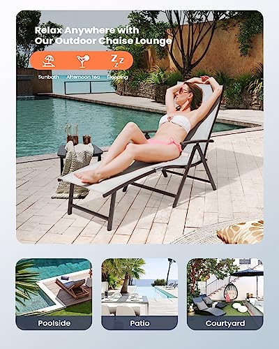 Pellebant Aluminum Patio Chaise Lounge Chair, Adjustable Chair for Outside with 8 Backrest Positions, Brown Frame, Folding Outdoor Recliners All Weather for Beach, Pool and Yard, Light Grey