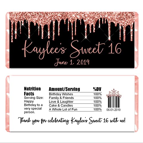 Glitter Drip Personalized Candy Bar Wrappers for Chocolate, Birthday Party Favors, Hershey Bar Labels for Baby Shower, Bridal Shower, Pack of 20 (Rose Gold/Black)