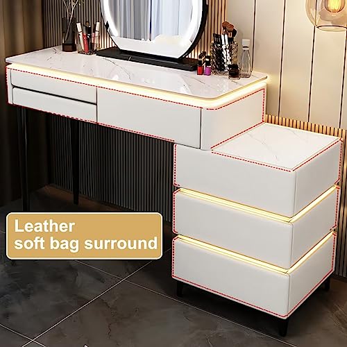 Attega Vanity Set, Makeup Vanity Desk with 6 Drawers and Ambient Light, Solid Wood Frame Vanity Set includes Smart Makeup Mirror and Chair, for Bedroom (47.24", White)